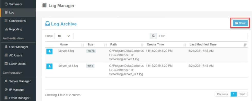 Logging | Cerberus FTP Server